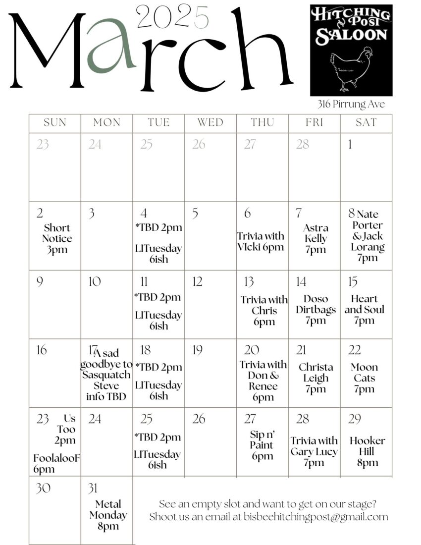 Monthly Bisbee Event Calendars - This Week in Bisbee (T.W.I.B.)