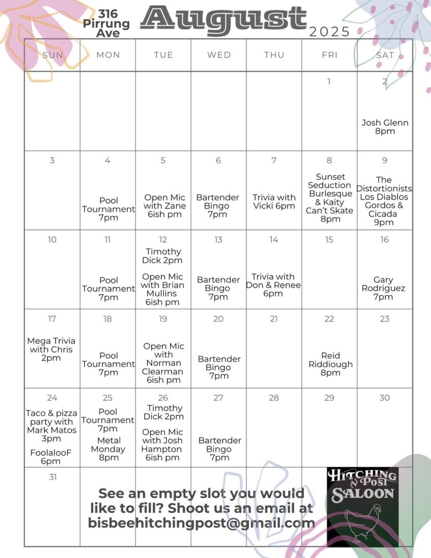 Monthly Bisbee Event Calendars - This Week in Bisbee (T.W.I.B.)